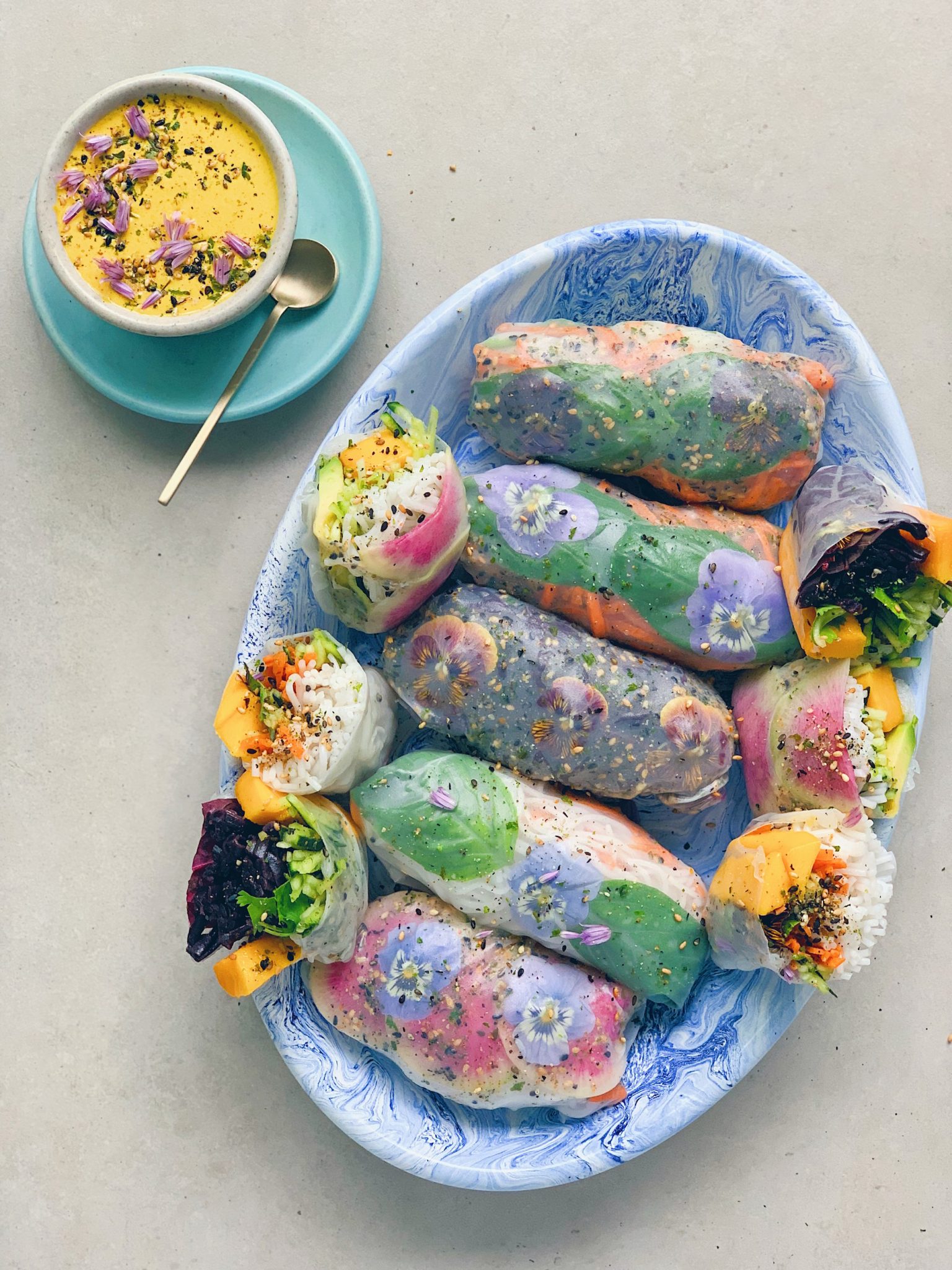 Summer Salad Rolls with Tahini-Turmeric Dipping Sauce - Wu Haus
